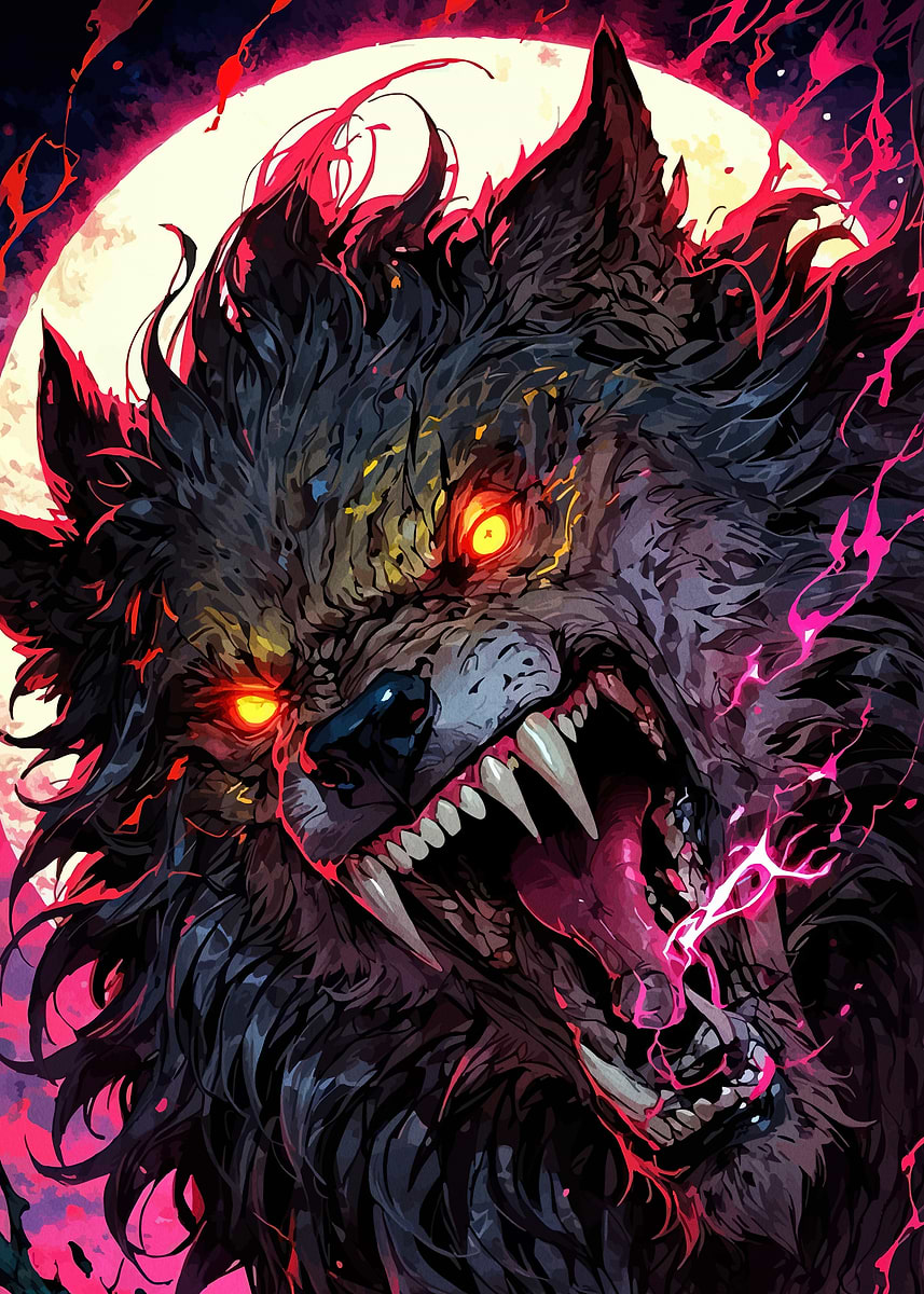 'Fierce Werewolf Under Full Moon' Poster, picture, metal print, paint ...