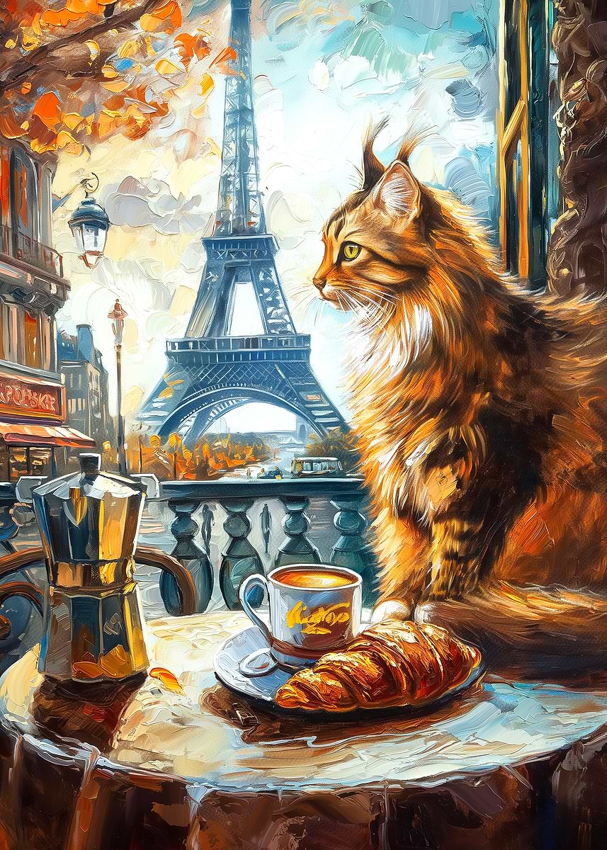 'Cat in Paris with Eiffel Tower' Poster, picture, metal print, paint by VectorVerse Studio ...