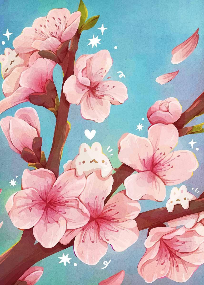 'Cherry Blossoms and Cats Illustration' Poster, picture, metal print ...