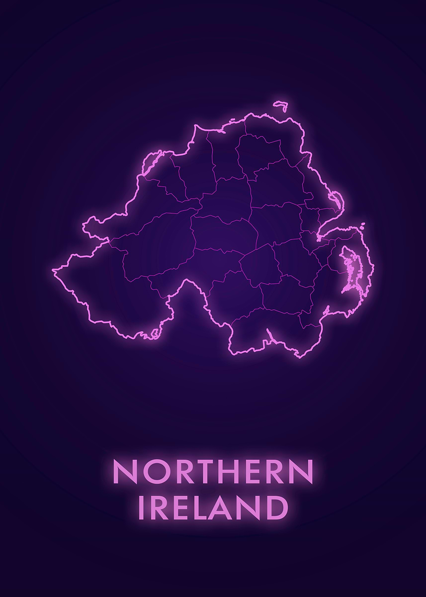 'Neon Northern Ireland Map' Poster, picture, metal print, paint by ...