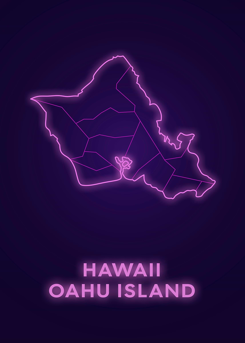 'Hawaii Oahu Island Neon Map' Poster, picture, metal print, paint by ...