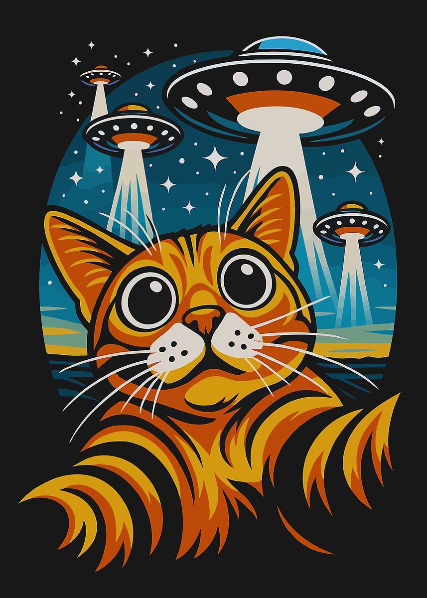 'Cat and UFOs' Poster, picture, metal print, paint by Ron Studio | Displate