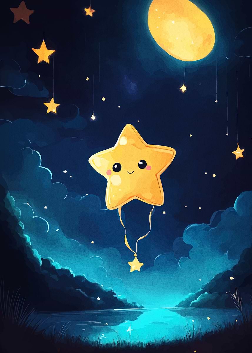 'Cute Starry Night Landscape Illustration' Poster, picture, metal print ...