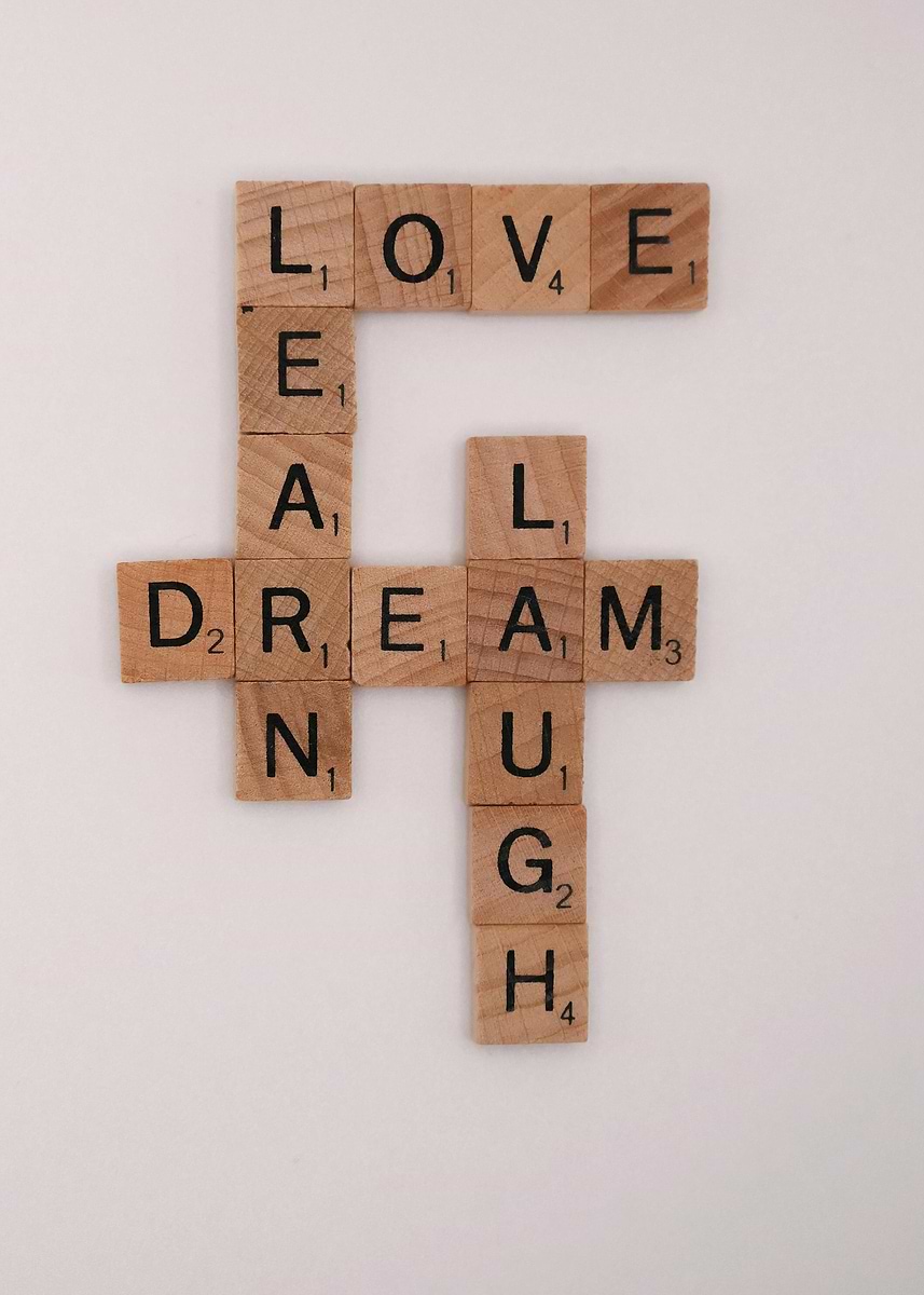 'Love, Lead, Dream, Laugh Scrabble Tiles' Poster, picture, metal print ...