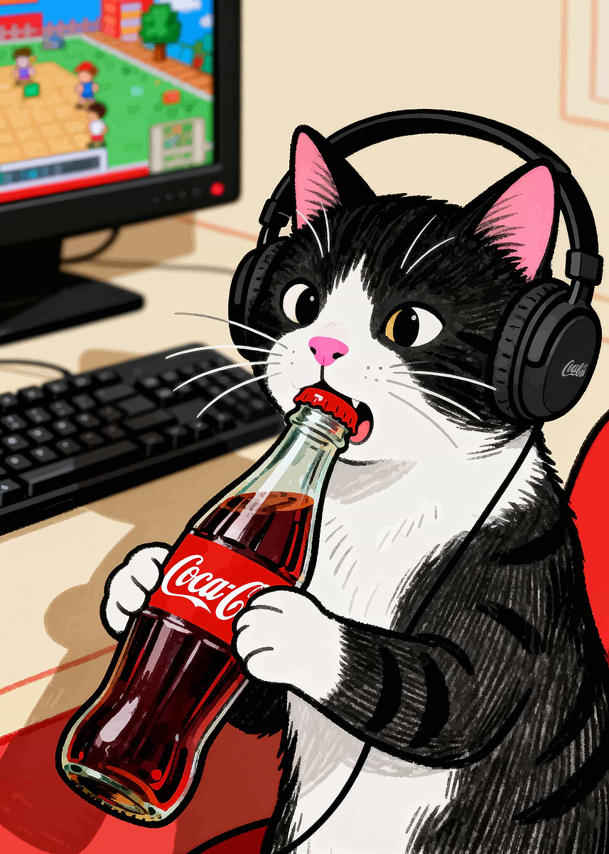 'Cat Gamer with Coca-Cola' Poster, picture, metal print, paint by Art ...