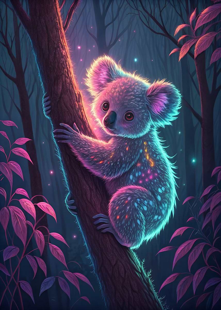 'Neon Koala in Enchanted Forest' Poster, picture, metal print, paint by ...