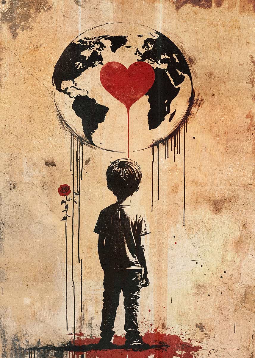 'Banksy boy bleeding heart Graffiti' Poster, picture, metal print ...