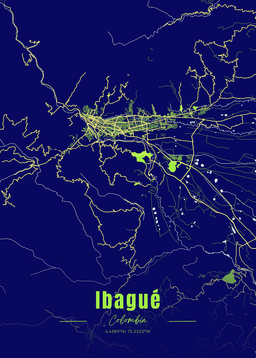 'Ibagué, Colombia Map Art' Poster, picture, metal print, paint by ...