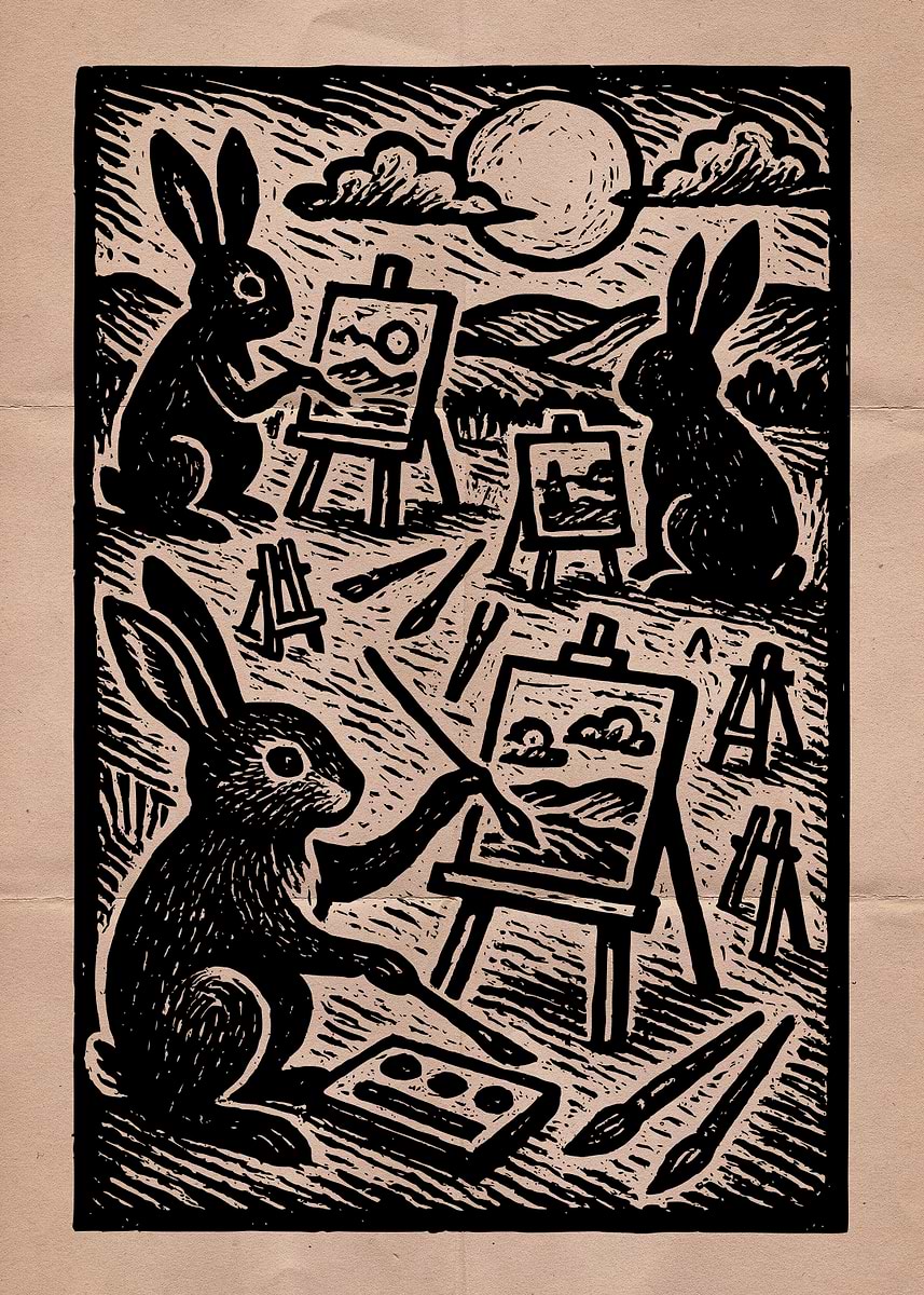 'Rabbit Artists Woodcut' Poster, picture, metal print, paint by ...