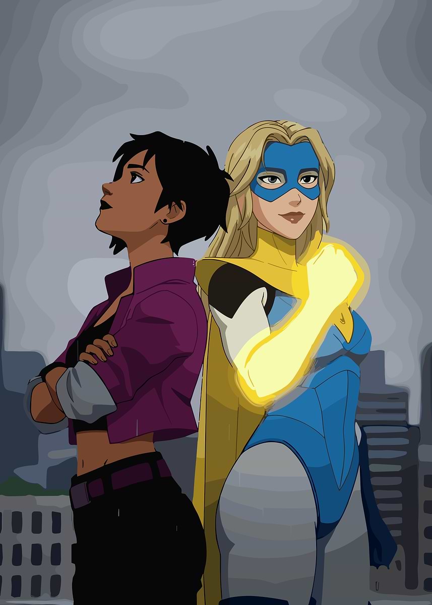'Two Heroines Back-to-Back Cityscape' Poster, picture, metal print ...