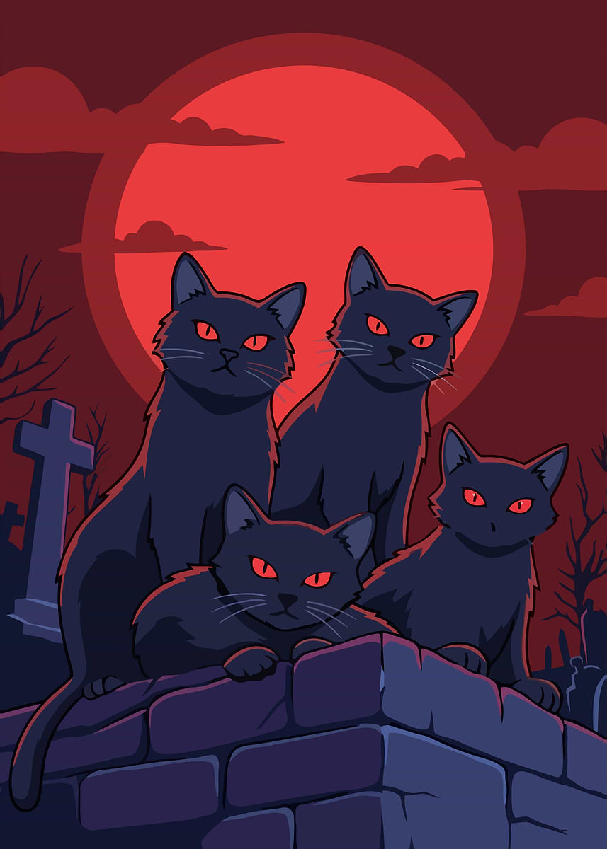 'Halloween Cats in Cemetery' Poster, picture, metal print, paint by ...