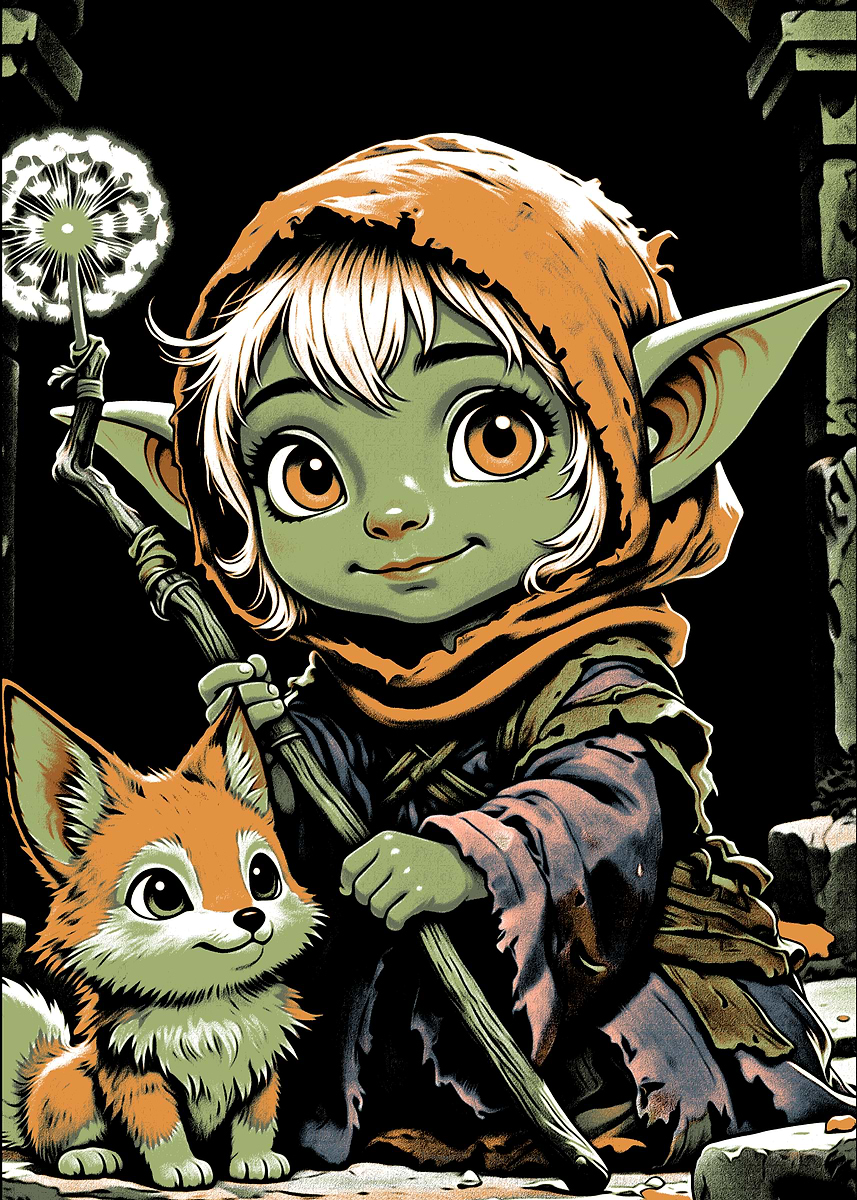 'Cute Goblin Girl with Fox Friend' Poster, picture, metal print, paint ...