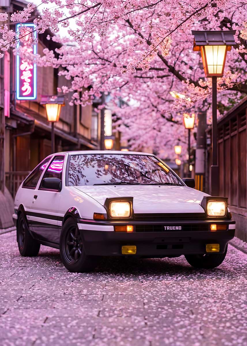 'Toyota AE86 Trueno Cherry Blossom Street' Poster, picture, metal print ...