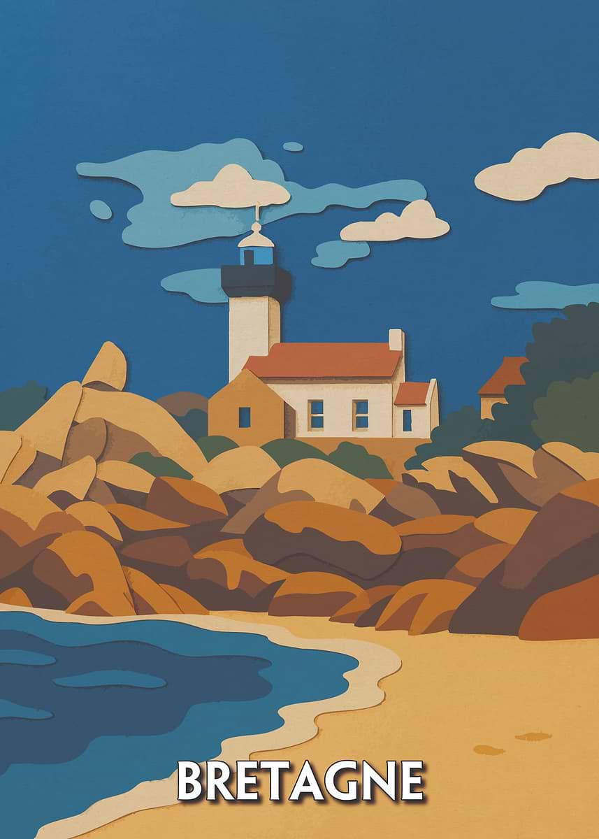 'Bretagne Coastal Lighthouse Illustration' Poster, picture, metal print ...
