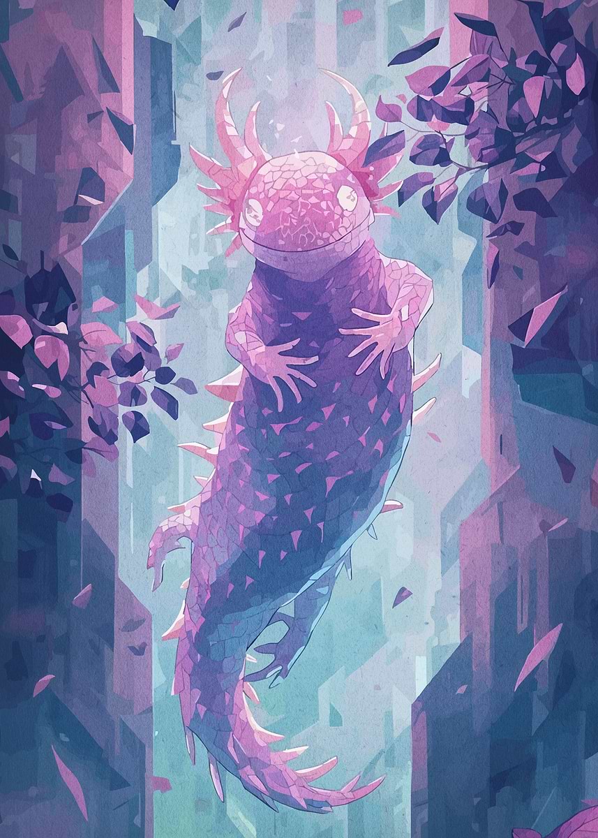'Axolotl in a Purple Dreamscape' Poster, picture, metal print, paint by ...