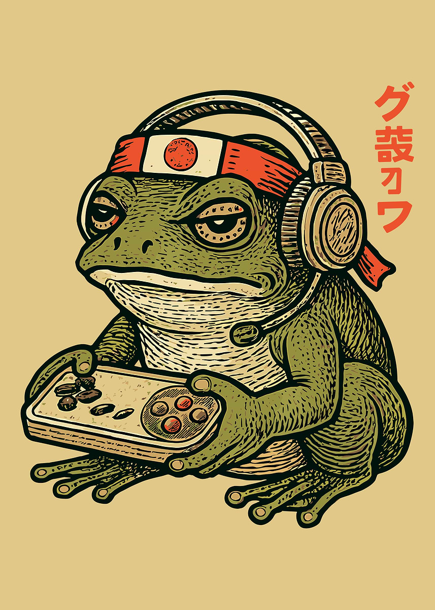 'Gamer Frog Poster Japanese Woodcut Style Wall Art Frog with Headphones ...