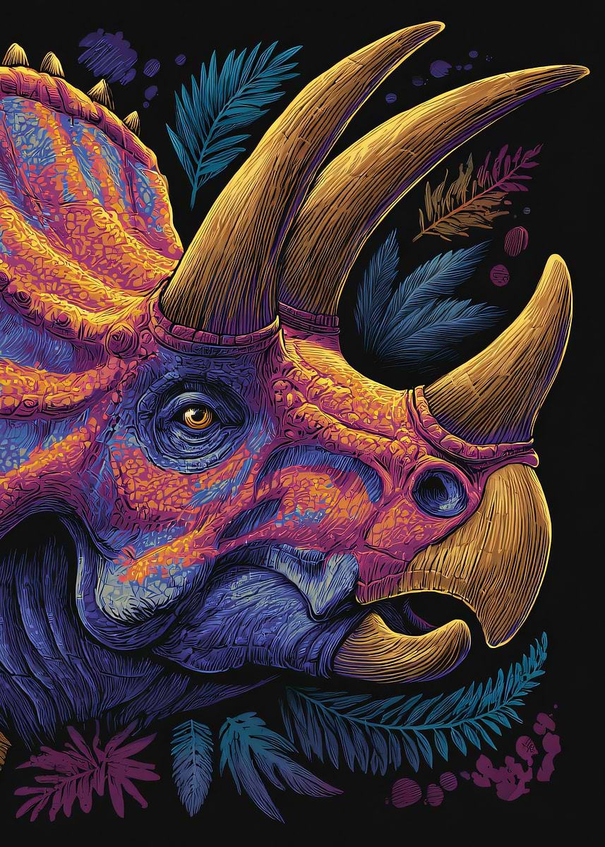'Colorful Triceratops Head with Floral Accents' Poster, picture, metal ...
