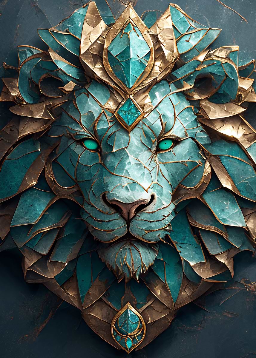 'Teal and Gold Lion Head' Poster, picture, metal print, paint by creed ...