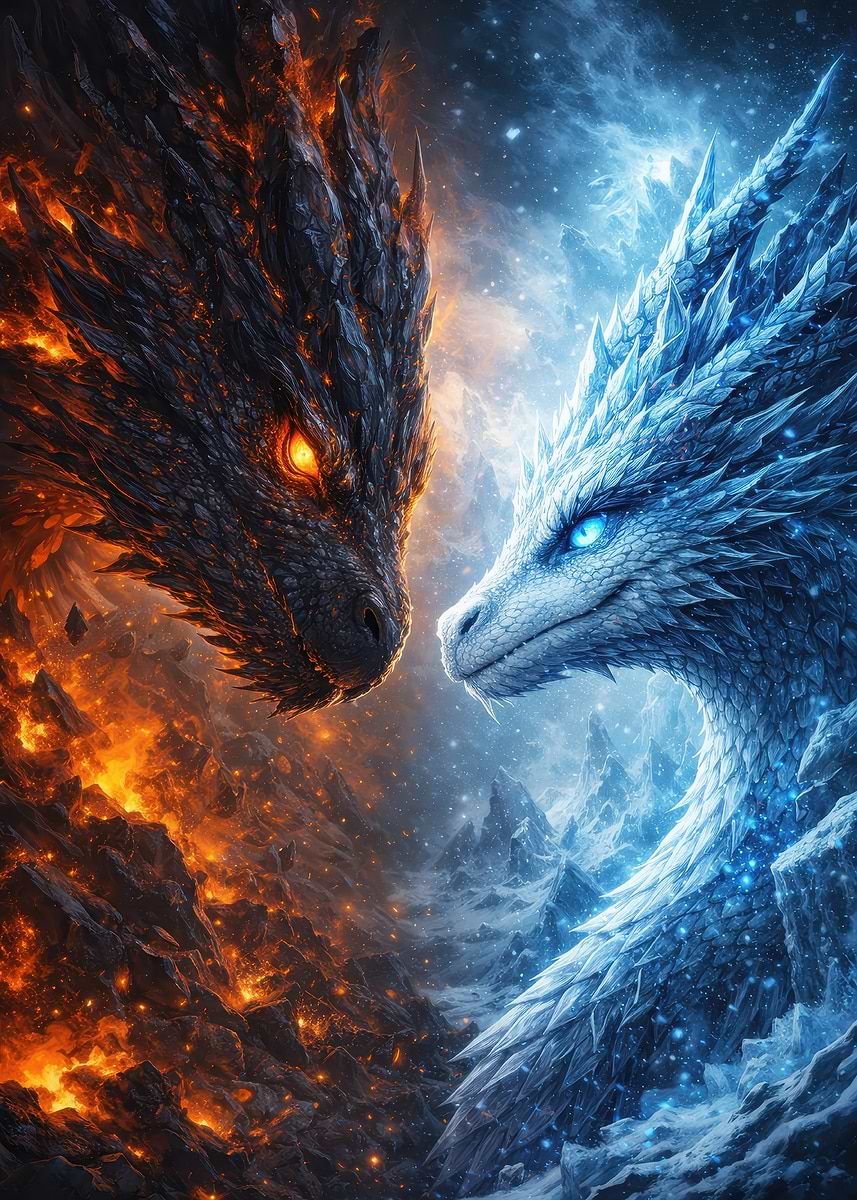 'Fire and Ice Dragons Confrontation' Poster, picture, metal print ...