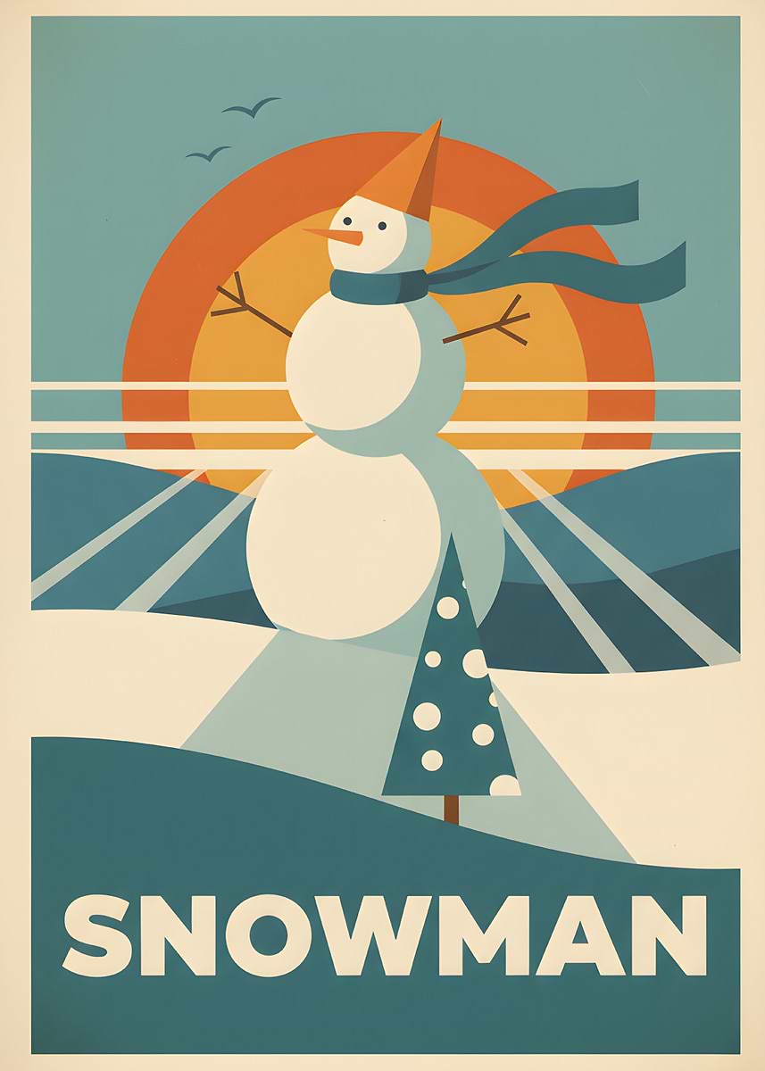 'Snowman Winter Landscape Art Print' Poster, picture, metal print ...