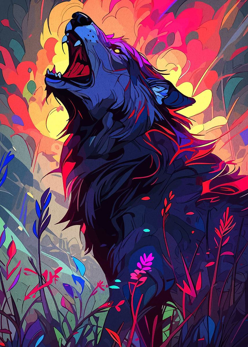 'Colorful Howling Wolf Illustration' Poster, picture, metal print ...
