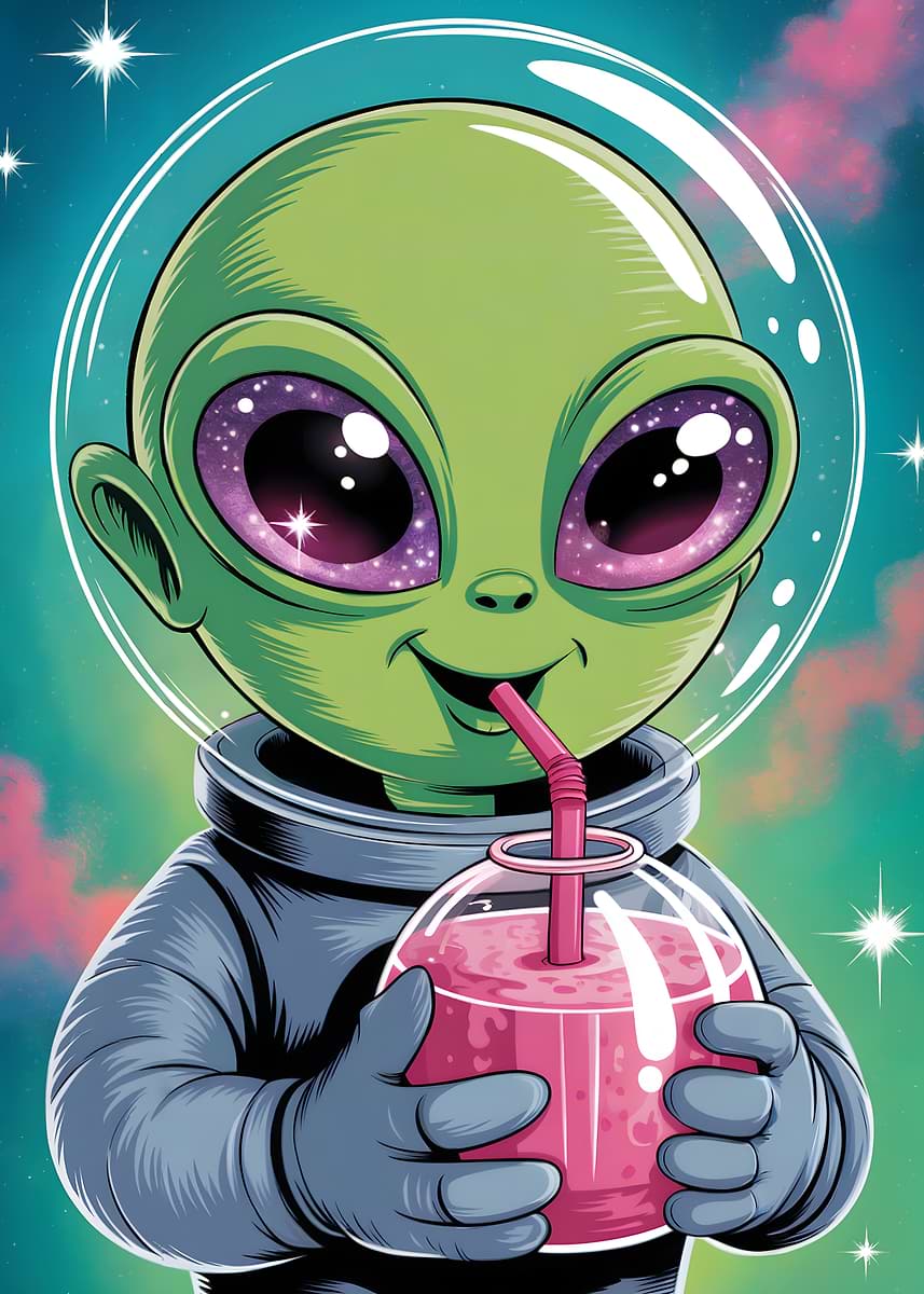 'Cute Alien Sipping Drink Illustration' Poster, picture, metal print ...