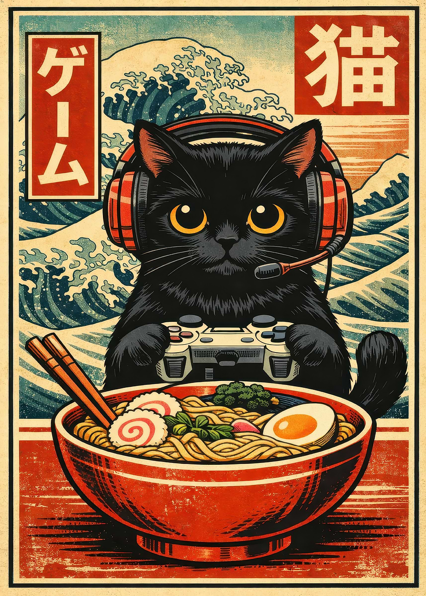 'Gamer Cat with Ramen and Waves' Poster, picture, metal print, paint by ...
