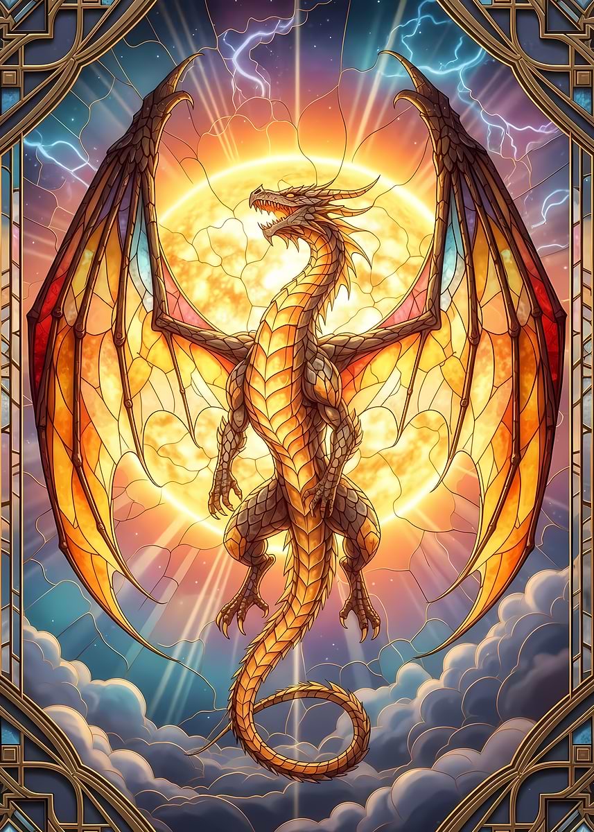 'Stained Glass Dragon with Sun' Poster, picture, metal print, paint by ...