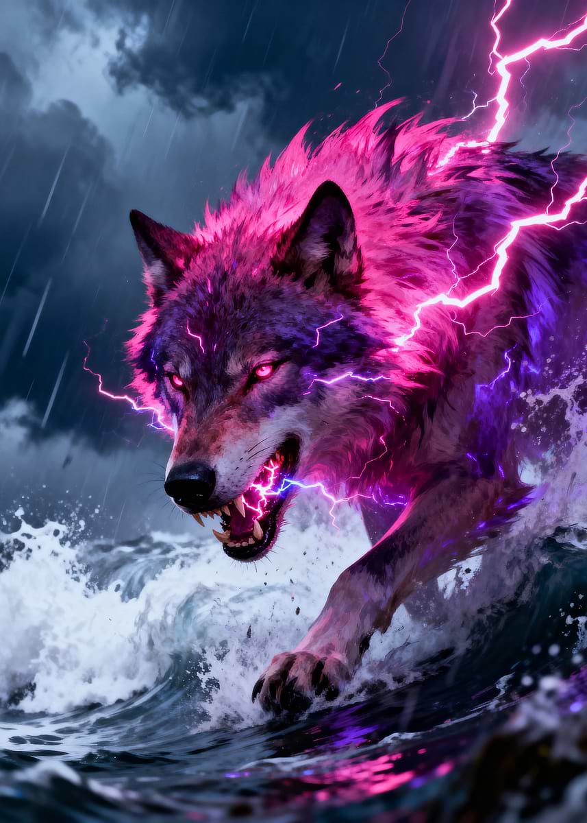 'Electric Wolf in Stormy Sea' Poster, picture, metal print, paint by ...