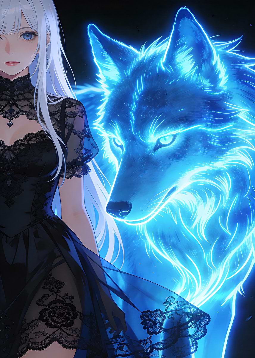 'Anime Girl with Glowing Blue Wolf' Poster, picture, metal print, paint ...