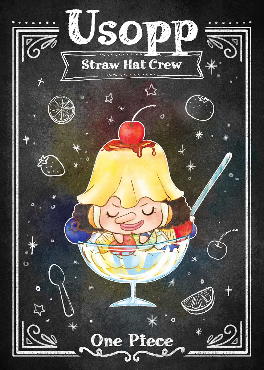 'Usopp Fruit Dessert Chalkboard' Poster, picture, metal print, paint by ...