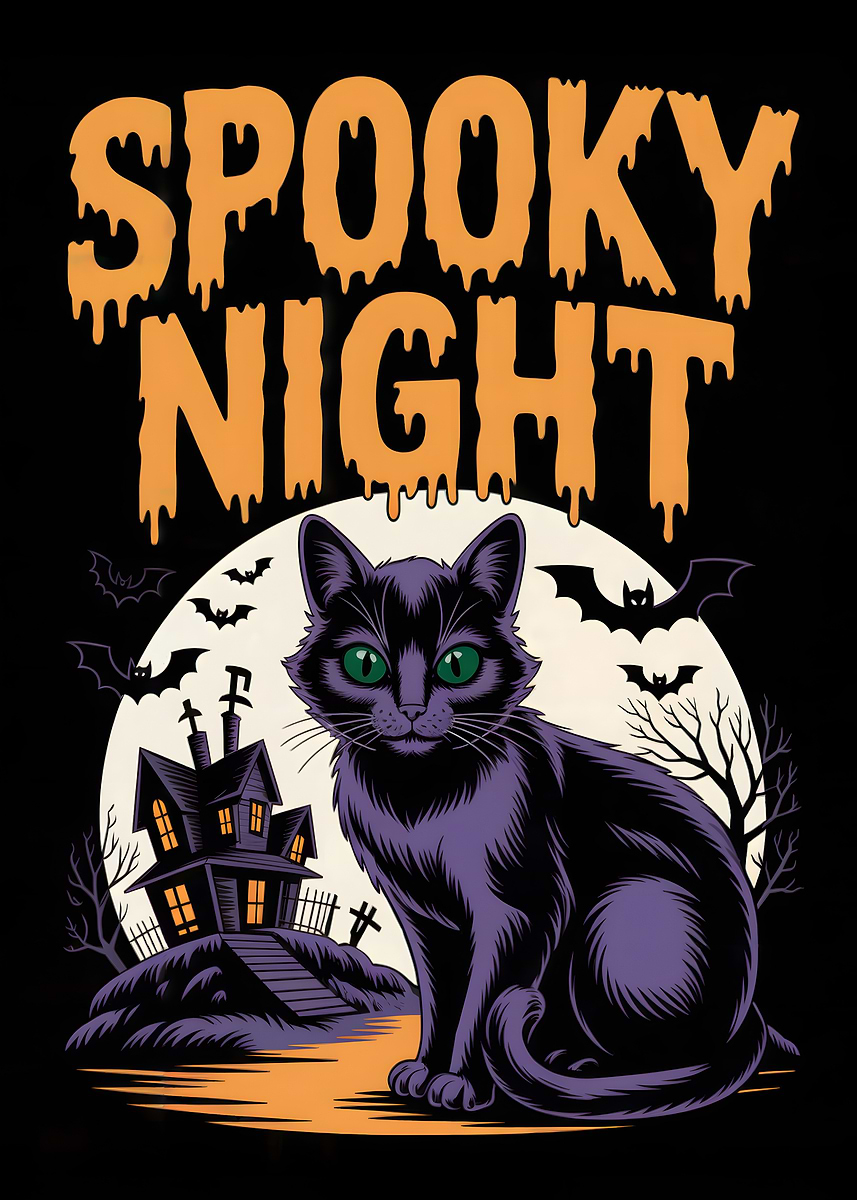 'Spooky Night Black Cat Halloween' Poster, picture, metal print, paint ...