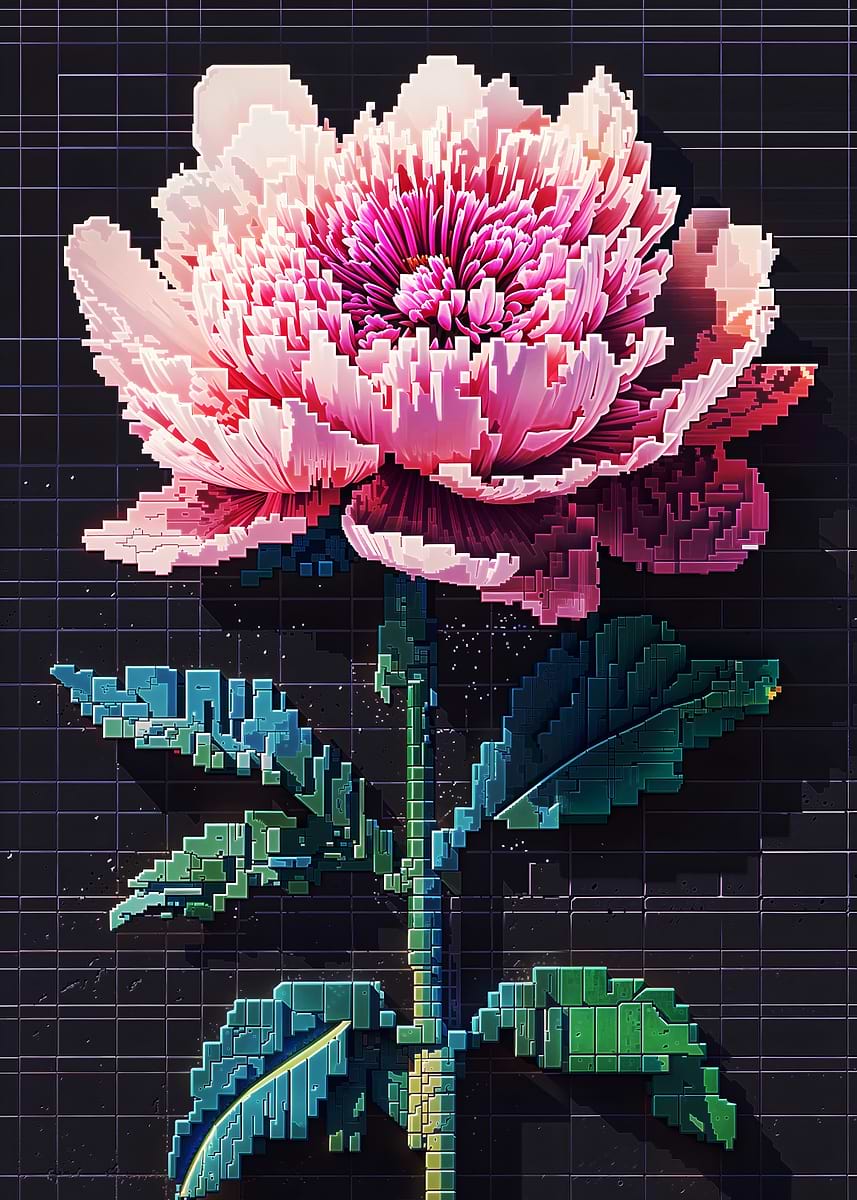 'Pixel Bloom - Peony on Midnight Grid' Poster, picture, metal print ...