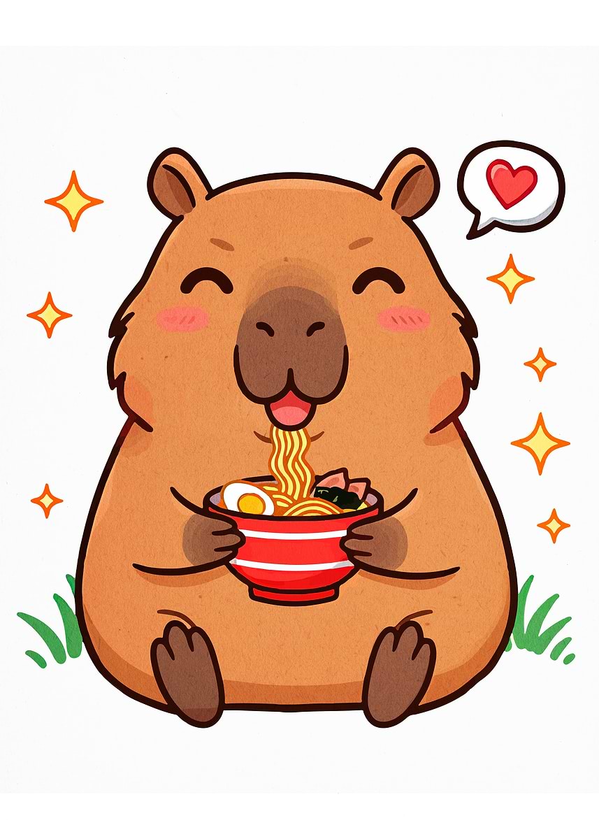 'Capybara eating ramen cartoon illustration' Poster, picture, metal ...