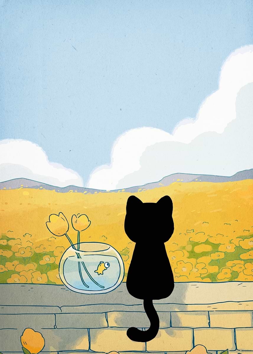 'Black Cat and Goldfish Still Life' Poster, picture, metal print, paint ...