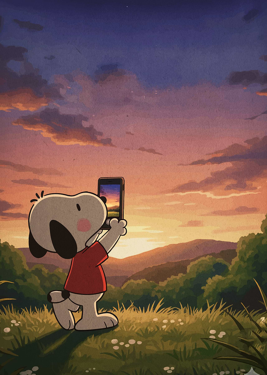 'Snoopy taking a sunset selfie' Poster, picture, metal print, paint by ...
