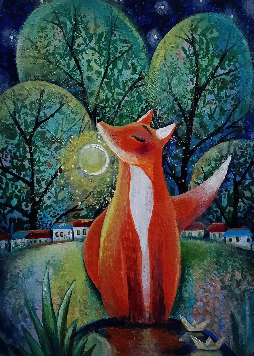 'Fox and Moon Painting' Poster, picture, metal print, paint by Paula ...
