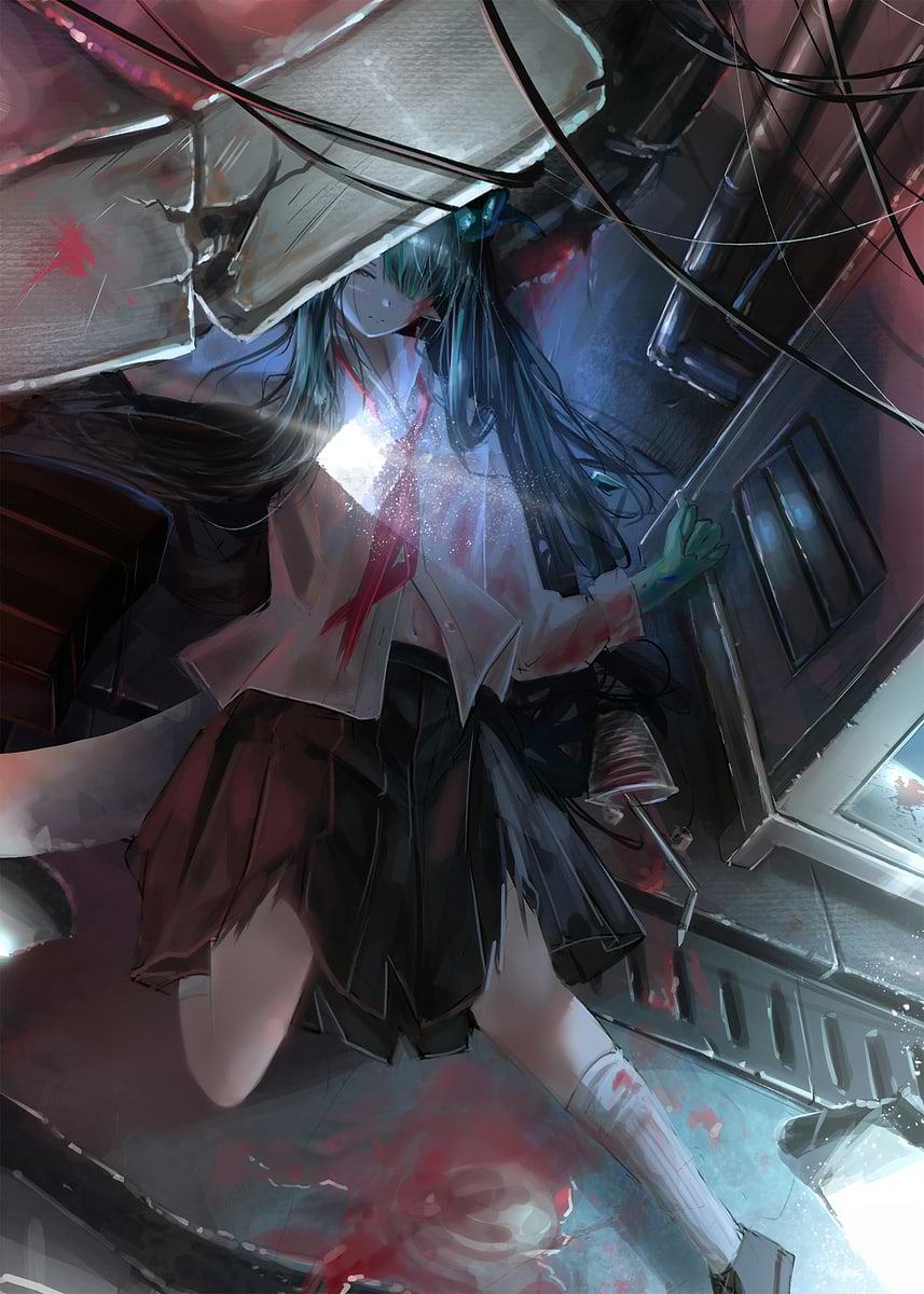 'Anime Girl in Damaged Setting' Poster, picture, metal print, paint by ...