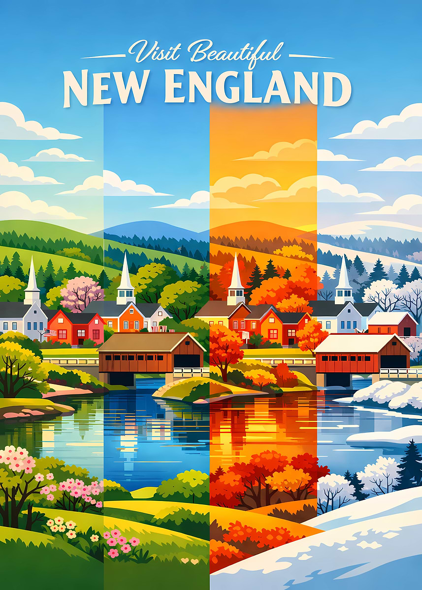 'New England Four Seasons Illustration' Poster, picture, metal print ...