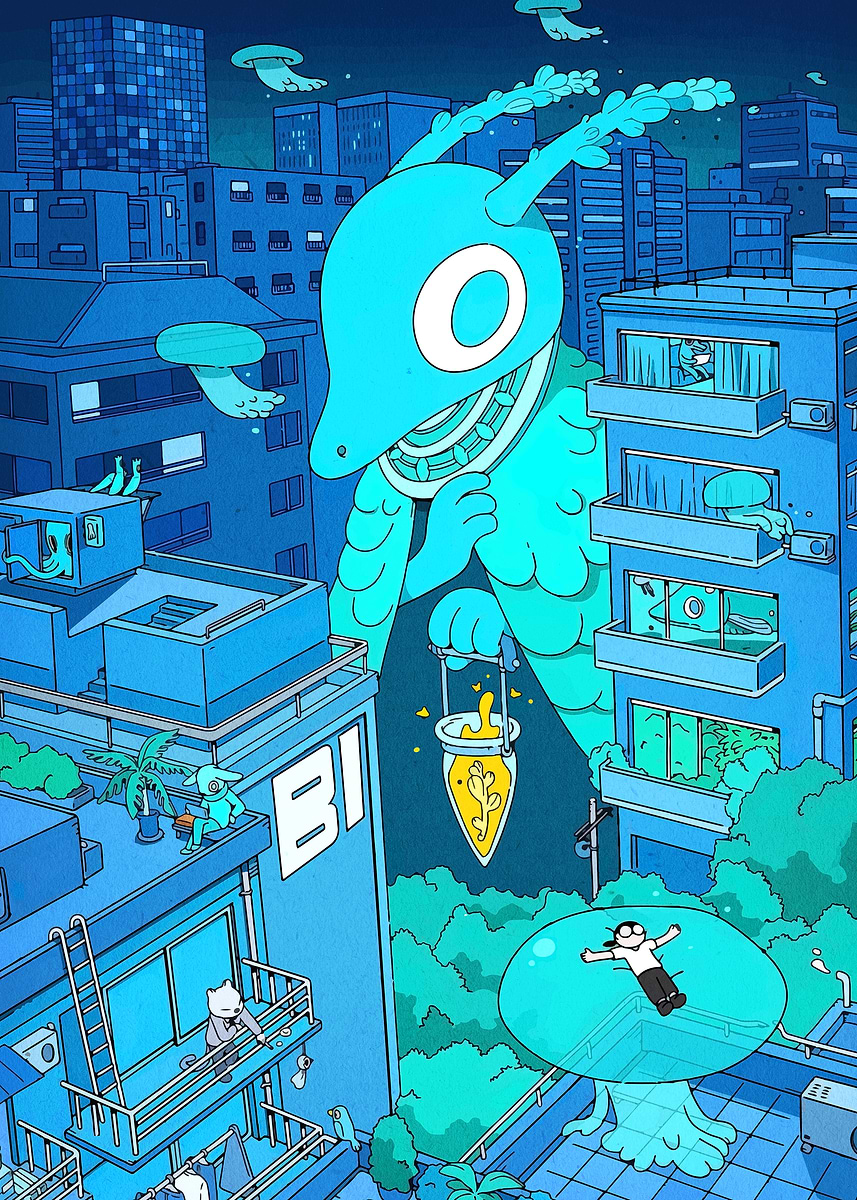 'Blue Cityscape with Giant Creature' Poster, picture, metal print ...