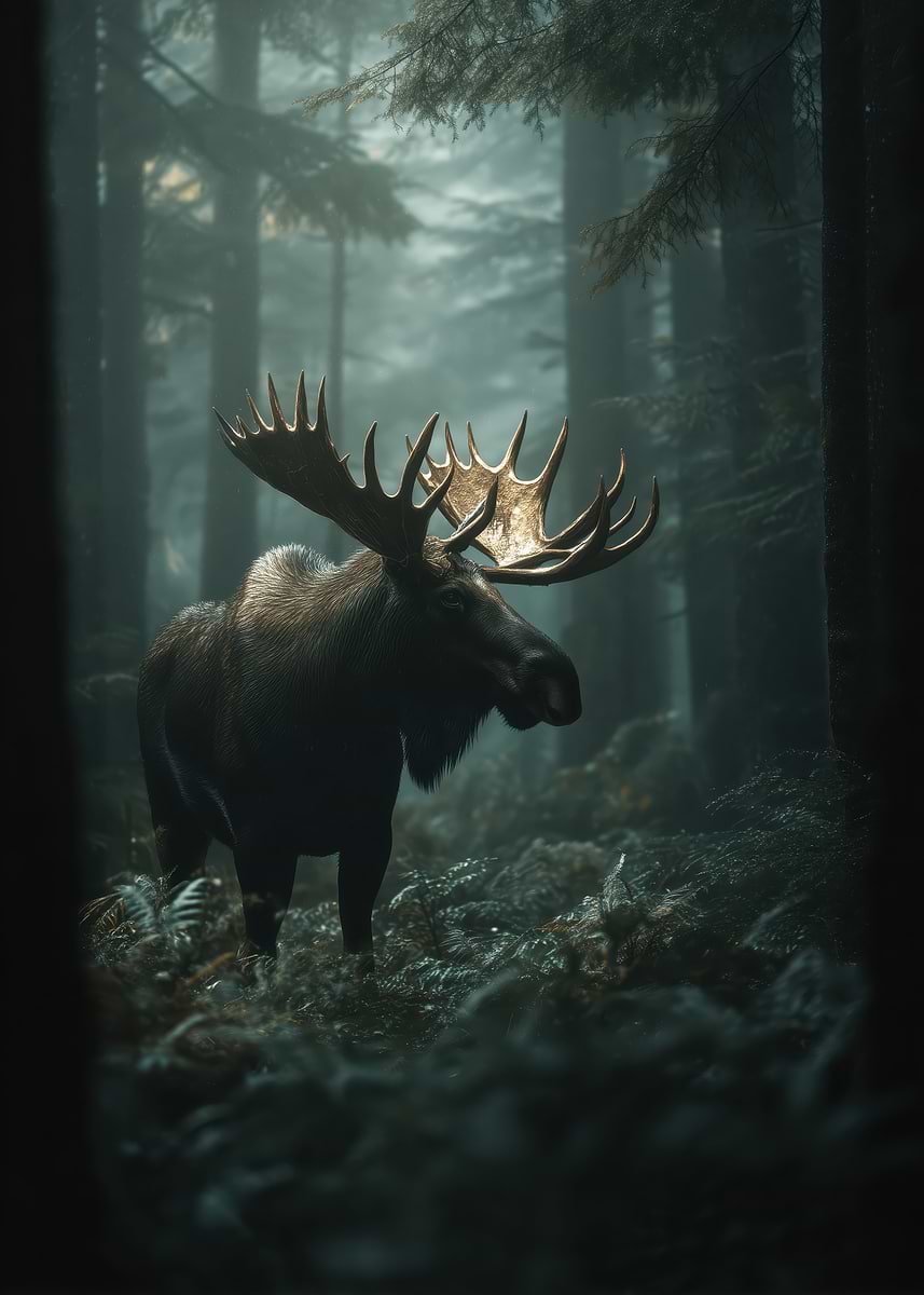 'Moose in a Misty Forest' Poster, picture, metal print, paint by ...