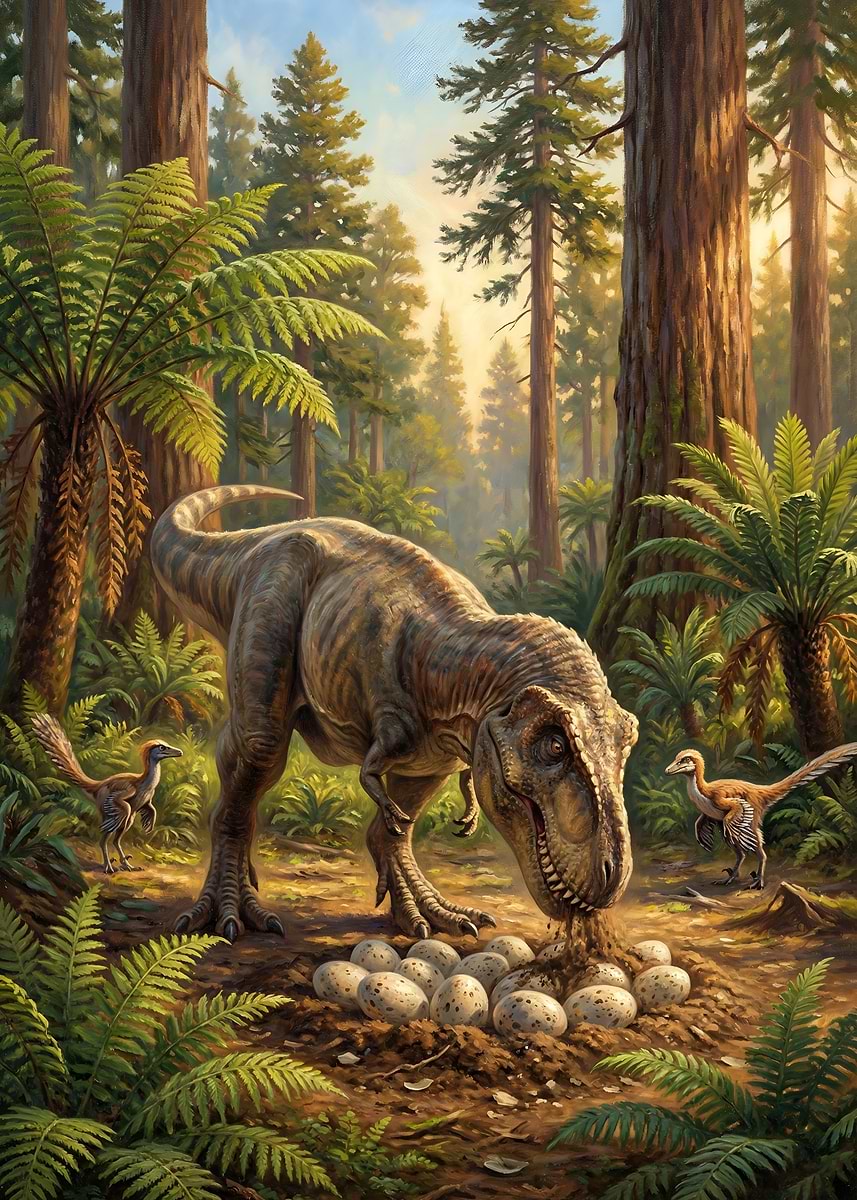 'Tyrannosaurus Rex with Nest in Forest' Poster, picture, metal print ...