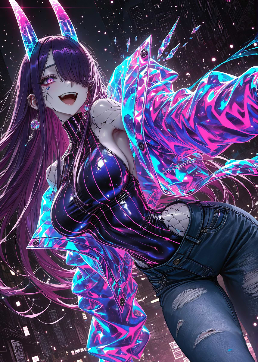 'Anime Girl with Horns and Jacket' Poster, picture, metal print, paint ...