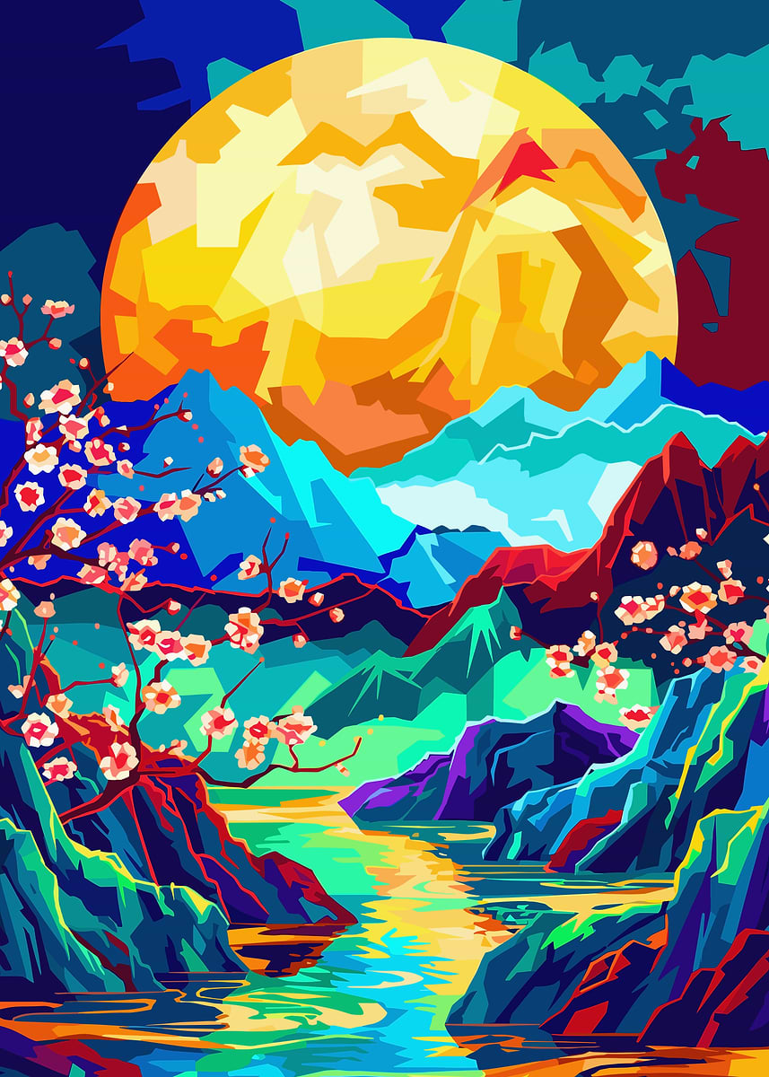 'Colorful Asian Landscape with Moon' Poster, picture, metal print ...