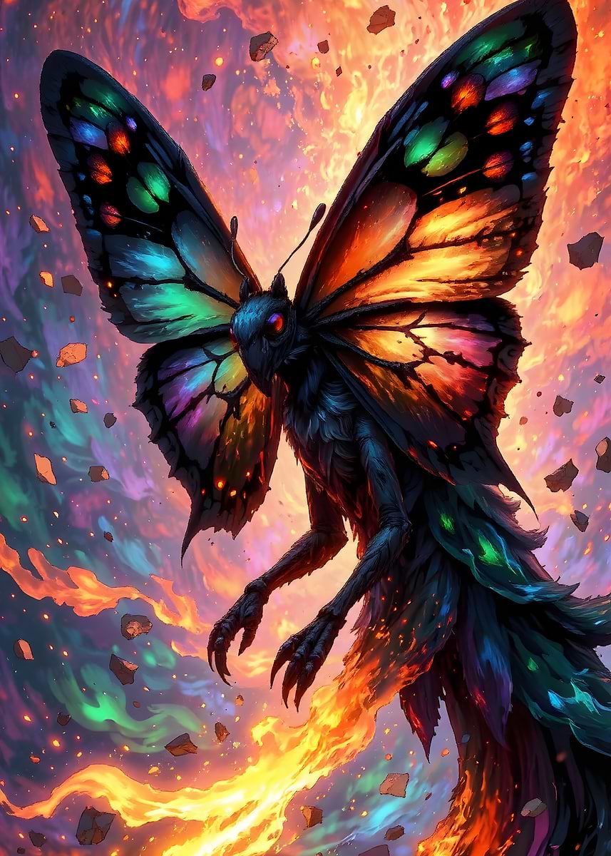 'Butterfly humanoid creature in fiery sky' Poster, picture, metal print ...