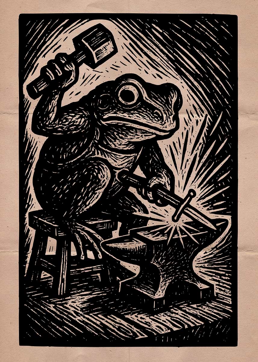 'Frog Blacksmith Woodcut' Poster, picture, metal print, paint by ...
