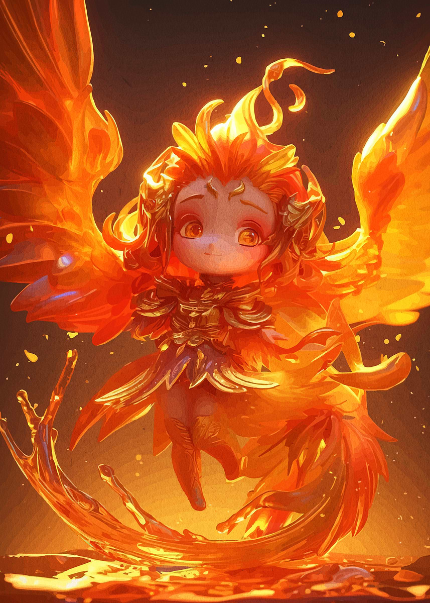 'Chibi Phoenix Girl in Fiery Splendor' Poster, picture, metal print, paint by Fry Kunal | Displate