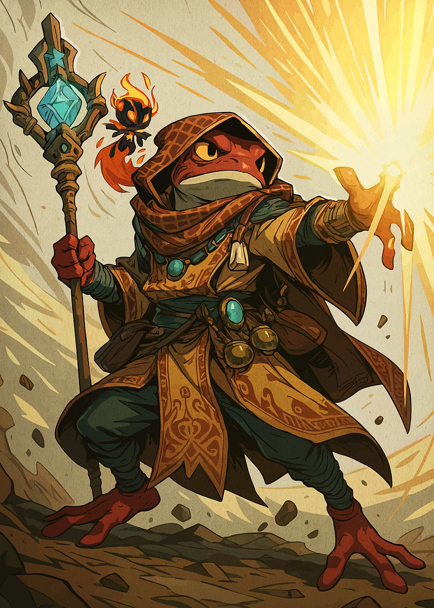 'Frog Wizard with Staff and Spell' Poster, picture, metal print, paint ...