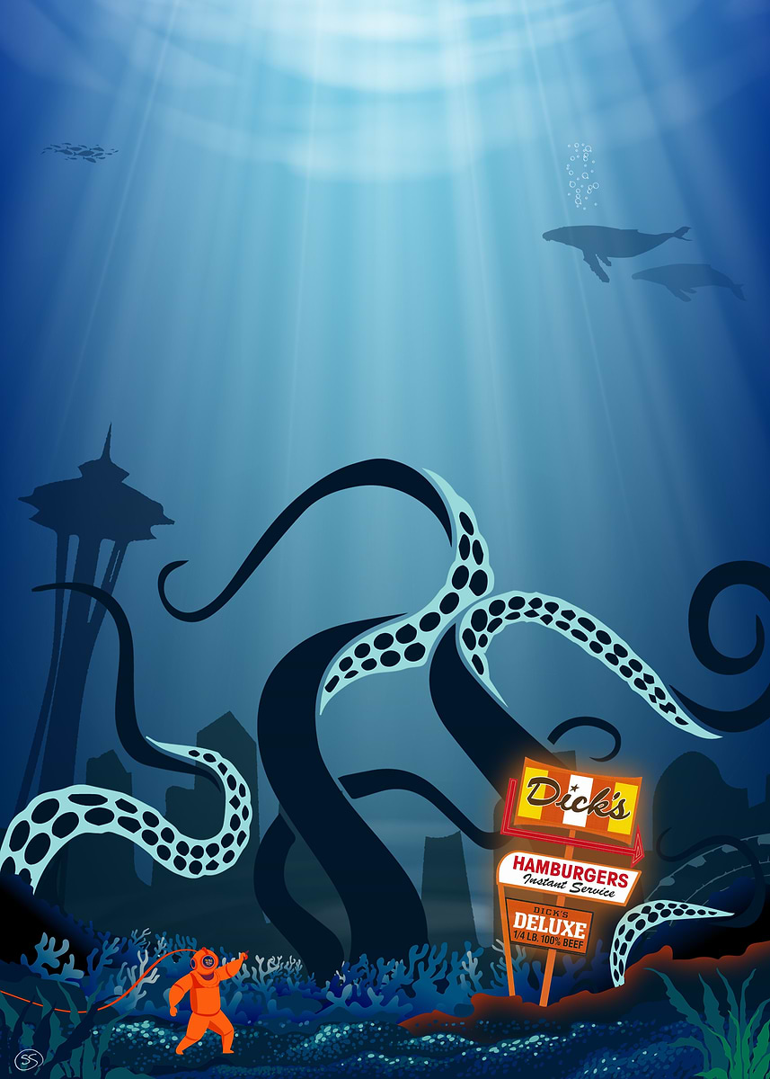 'Seattle Post-Apocalyptic Underwater' Poster, picture, metal print ...