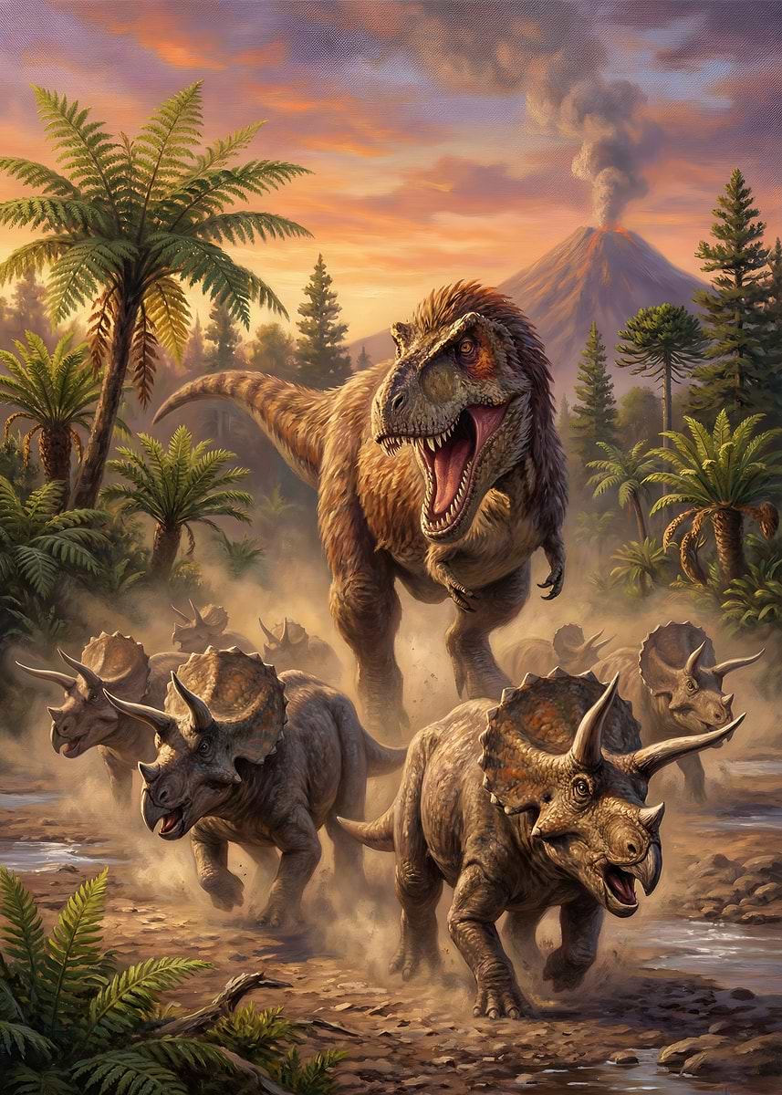 'Tyrannosaurus Rex and Triceratops Herd' Poster, picture, metal print ...